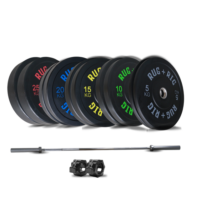 Olympic Bumper Plates and Barbell (15KG) Set, 165KG, Black - Rug & Rig ...