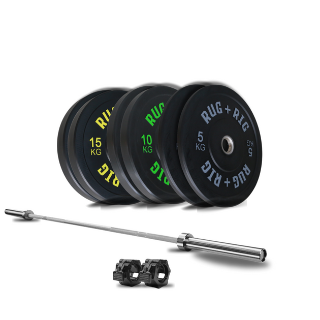 Olympic Bumper Plates and Barbell (20KG) Set, 80KG – Rug and Rig Fitness